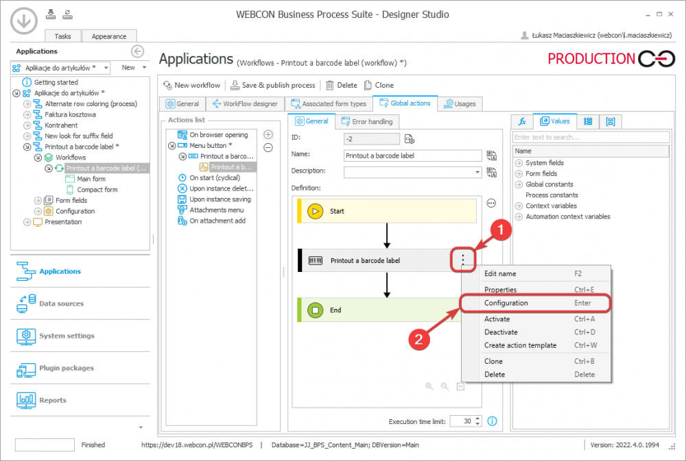 Restricting the availability of printout a barcode label menu button ...